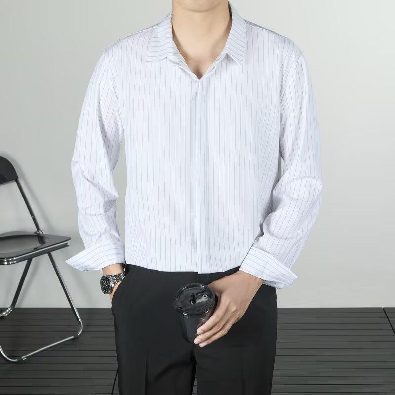 シャツ メンズ 男性用 長袖 ポリエステル 提花 無地 立襟 普段使い 黒 ブラック ダークグレー 深グレー ホワイト 白 ライトブルー 水色 ディープブルー 紺 ネイビー S M L XL 2XL 3XL 4XL・生地: 化学繊維混紡・素...