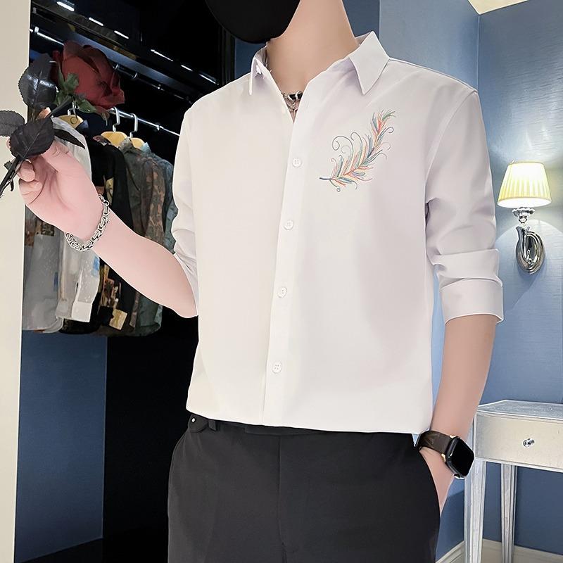 シャツ メンズ 7分袖 ポリエステル 接触冷感 薄手 無地 カジュアル 男性用 トップス サマー ブラック ホワイト