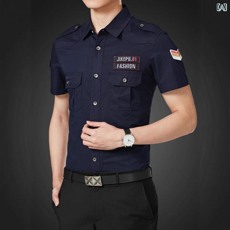 シャツ 男性用 半袖 コットン ミリタリー 肩章付き ダブルポケット 軍服風 トップス 大きいサイズ ブラック 黒 ネイビー 紺色 カーキ