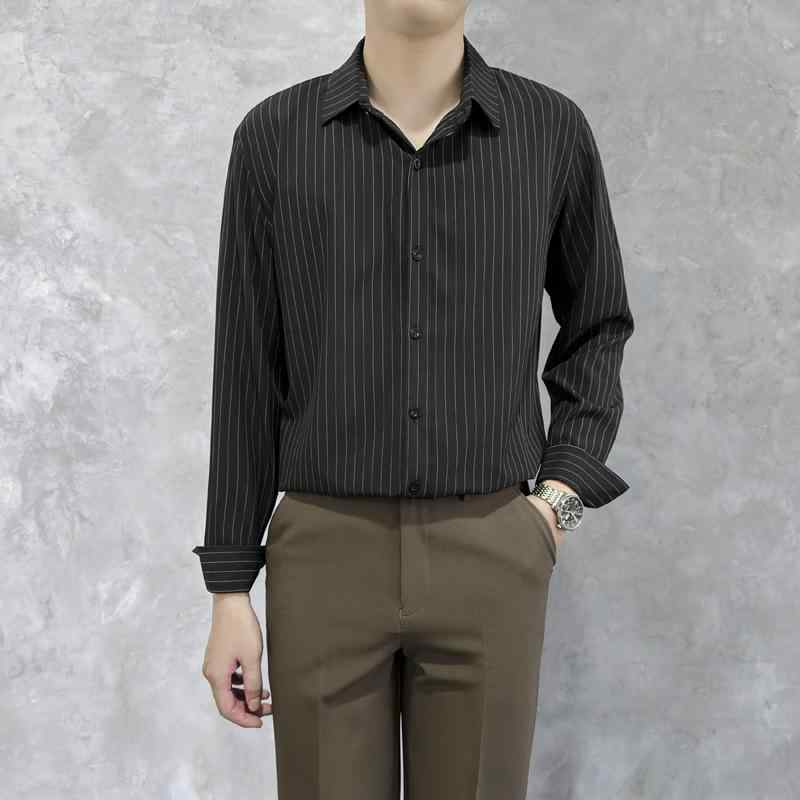 シャツ メンズ 長袖 ストライプ柄 スリムフィット ビジネス 通勤 普段使い ポリエステル ドロップショルダー 黒 白 青 グレー