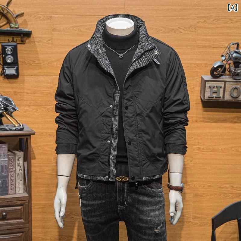 男性 豪華 フェイクツーピース 重ね着風 タンド カラー カジュアル ジャケット 2025 春秋 新型 ワークウェア ジャケット ショート トップフィット感：スリムフィット詳細: ジッパー装飾プロセス：しわのない処理ショッピングモールと同じ...