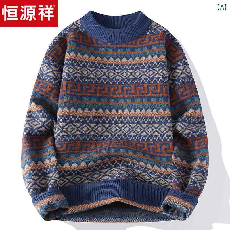 メンズ 厚手 セーター 2025年 冬 ゆったり ブロック クルー ネック ニット ウール.カラフルカラーオシャレデザイン。男性用ですフィットタイプ: ルーズフィット詳細: 厚みのあるプロセス：成形素材：ウール混紡ウール含有量: 51% ％...