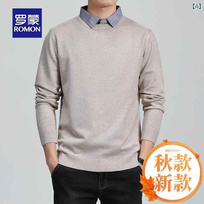 フェイクツーピース 重ね着風 セーター メンズ 秋冬 スリム シャツ 襟 暖かい ビジネス.カラフルカラーオシャレデザイン。男性用です市場投入までの時間: 年 8 月バージョン: スリムフィット詳細: -生地: ニット生地基本で都会的該当シ...