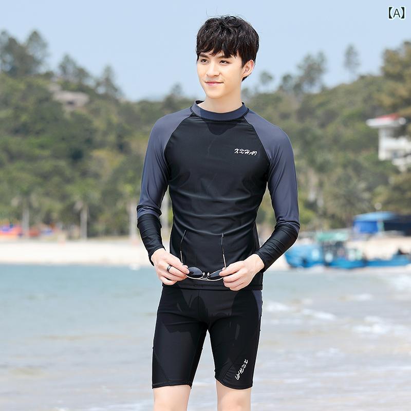 スプリット 水着 メンズ 長袖 5 ピース パンツ 温泉 日焼け防止 速乾性 ティーン スーツ.カラフルカラーオシャレデザイン。サイズ: L XL 2XL 3XL 4XL 5XL色で並べ替えます: 0538 黒長袖 0658 5セントパンツ...