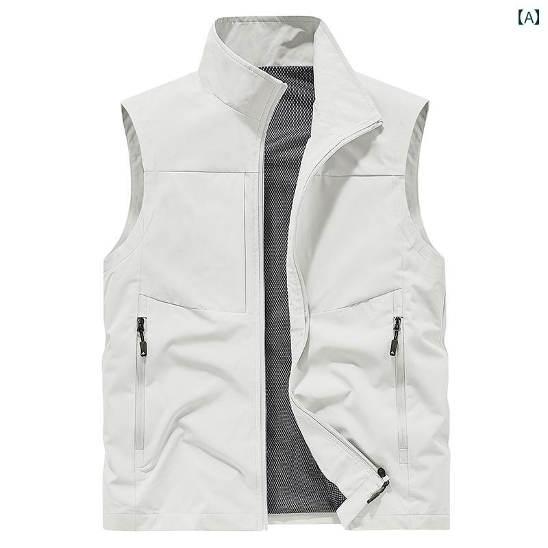 メンズ 薄手 豪華 無地 スタンド ベスト 春秋用 アウトドア ポロ スタイル 通気性の 秋 トップス.カラフルカラーオシャレデザイン服装スタイル: 標準上場年：衣服詳細: 複数のポケット衣服の職人技：しわ防止加工生地の分類：ポリエステル/...