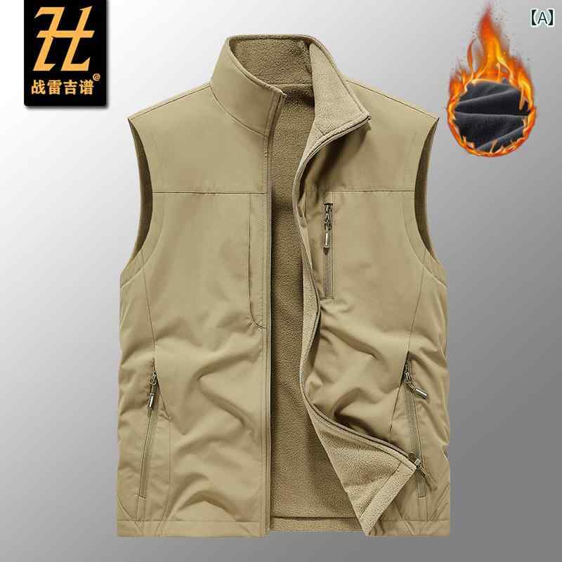 リバーシブル メンズ スポーツ＆ アウトドア ベスト 複数の ポケット 付き フリース 裏地 プラスサイズ 秋冬 スタイル.オシャレデザイン服装スタイル: 標準衣服詳細: 複数のポケット衣服の職人技：しわ防止加工生地の分類：ポリエステル/ポ...