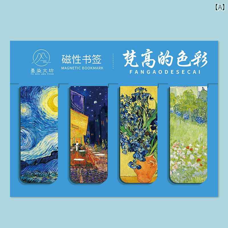 ゴッホの 油絵 マグネット ブック マーク 4枚 ミュシャ モネの 浮世 絵 名画 文房具 学生で かわいい 冷蔵 庫用.オシャレデザインモデル: 油絵発売日: 年1月1日材質：磁性材料包装タイプ: 基本包装色彩分類：ジンジャーイエロー.シ...