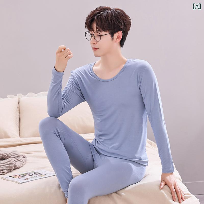 秋 ズボン セット 伸縮性 薄手 長袖 モダール 保温 インナー 下着 タイトフィット 綿 コットン セーター ラウンドネック 無地