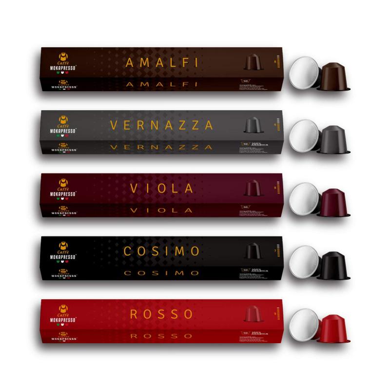Mokapresso(モカプレッソ) ネスプレッソ互換 カプセルコーヒー 5種アソートセット50g (5.0g x 10カプセル）/箱rosso,cosimo,vernazza:（アラビカ種100%）,amalfi:（アラビカ種60%、ロブ...