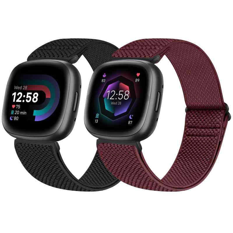 [JMIO] ナイロン弾性交換用時計バンド、快適で調節可能なストレッチ スポーツ バンド ストラップ、Fitbit Versa 4/Fitbit Versa 3/FitbitSense 2/FitbitSense バンドに対応 Black+...