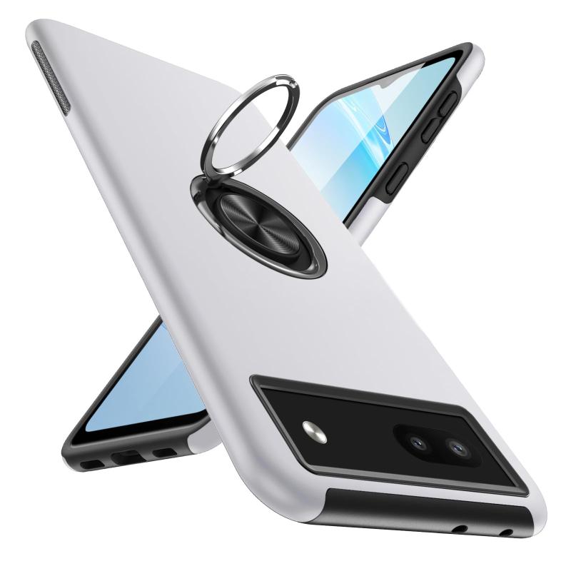 CQTMYWL 対応 Pixel 7a 用の ケース リング 耐衝撃 カバー 薄型 衝撃吸収 指紋防止TPU+PC材質 車載ホルダー対応 滑り止め 落下防止 リング付き スタンド機能 傷つけ防止 全面保護 一体型 カバー 銀0【対応機種】C...