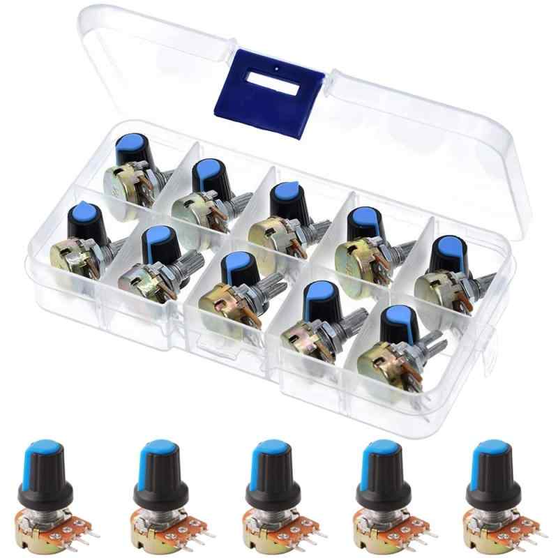 ポテンショメータ 可変抵抗器 WH148 10種類 B1K B2K B5K B10K B20K B50K B100K B200K B250K B1M ノブキャップ付き 10個セット 3ピンポテンショメータ 音量 制御 ローレットシャフトリニ...