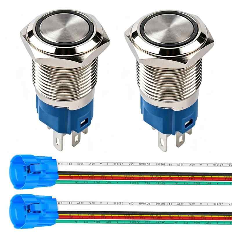 Gebildet 2個 0.63インチ/16mm SPDT LED ステンレス鋼 瞬間押しボタン 12V-24V 5A 1NO1NC ON オフ 防水 ワイヤーソケットプラグ付き (ブルーLED)✪ 押しボタンの穴の直径: 16mm、押しボ...