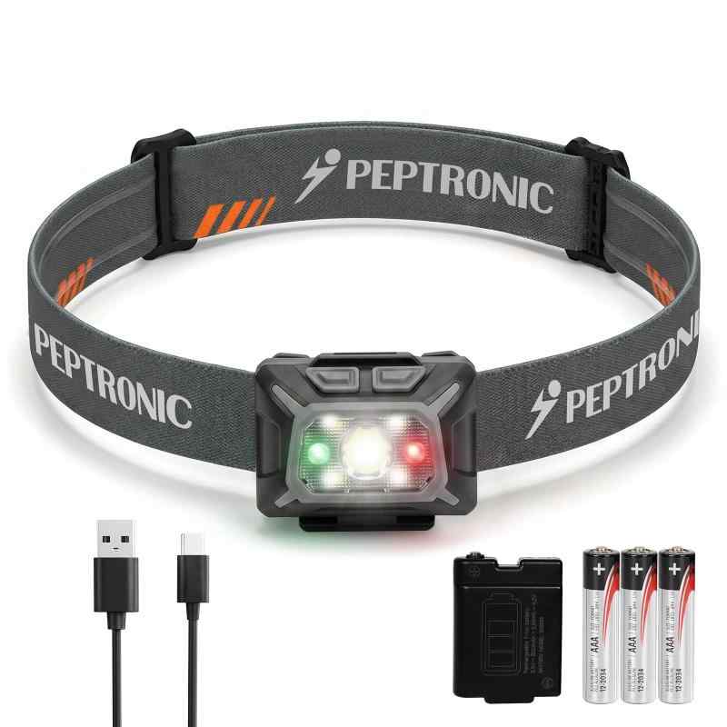 PEPTRONIC ヘッドライト 【USB-C 充電式・電池式両方対応】 単4乾電池付属 350ルーメン 高輝度 LED ヘッドランプ 軽量 集光・散光切替 3色（白/赤/緑） SOS IPX4防水 60°角度調整 登山 ランニング キ【デ...