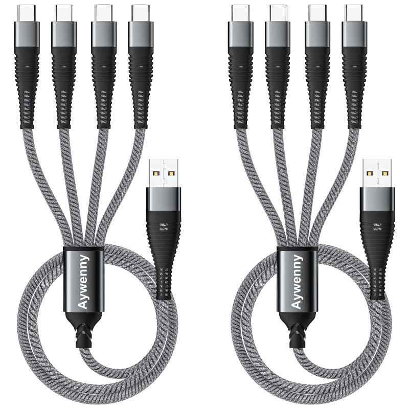 【2本セット】 4 in 1高耐久編組ナイロン多機能充電ケーブル、USB急速充電ケーブル、4種類のインターフェースTypeC*4 を持ち、4台の設備の同時充電をサポートしPhone17 16 15/Switch/Google Pixel/N...