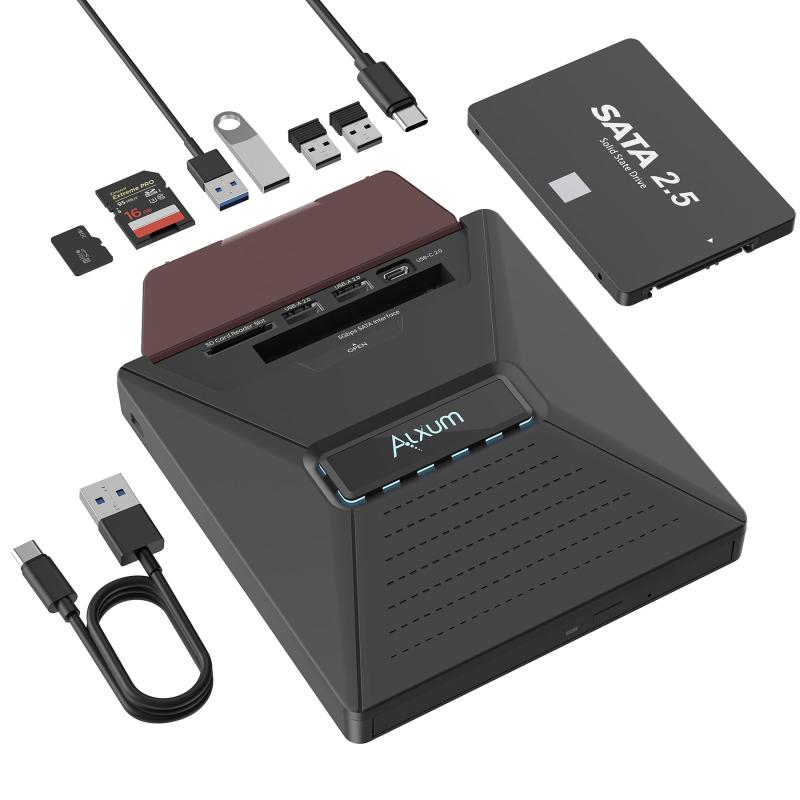 Alxum 改良バージョン 多機能 外付け CD・DVDドライブ 2.5 インチ SATAポート搭載 Type Cポート付き SD/Micro SD 読み込み・書き込み TRIM/UASP をサポート【Win2000/XP/2003・Vis...