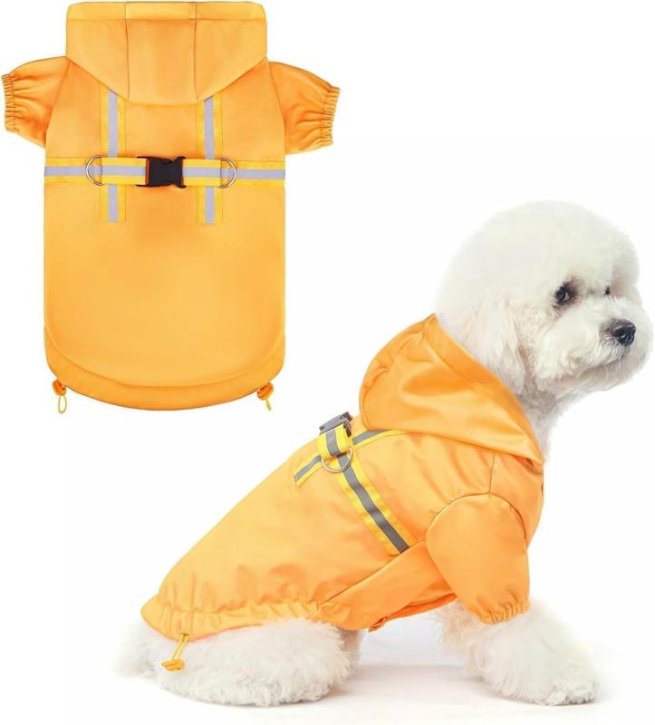 BINGPET 犬 レインコート イエロー雨具 防水 防風 帽子付き 4サイズ 防水反射性 犬服 調節可能なペット 隠れリード用ホール マスキングテープ 専門素材で防水性がばっちり 梅雨対