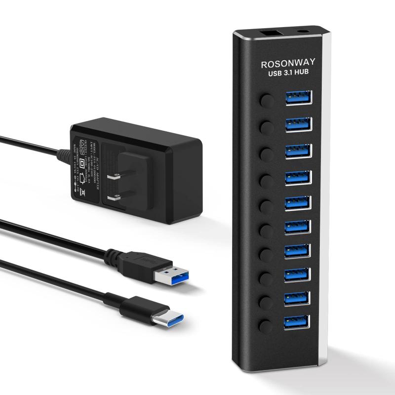 ROSONWAY USB ハブ 3.1 Gen2 10Gbps 10ポートアルミ製 36W USB HUB セルフパワー USBケーブルとType Cケーブル 付き 12V/3A ACアダプタ 独立スイッチ 付き