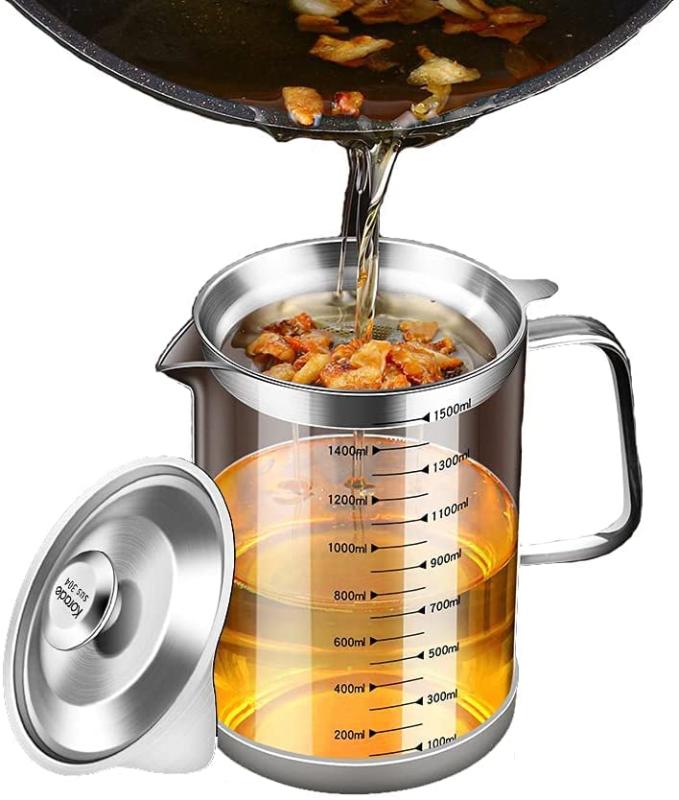 18-8ステンレス+ 耐熱透明ガラス オイルポット あぶらこしポット 油こし器 残留物をろ過 油ろ過器 家庭用 レストラン向け計量カップ 油処理用品 油っくりん用フィルタ