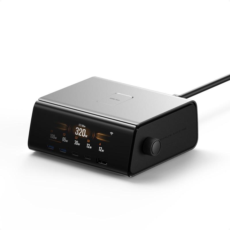 EcoFlow RAPID Pro 320W GaN 急速充電器5ポート（USB-C*4 &amp; USB-A*1）&amp;ポゴピン充電/6台まとめて同時充電/1ポート最大140W出力/スマート液晶ディスプレイ搭載/アプリ制御可能GaN...