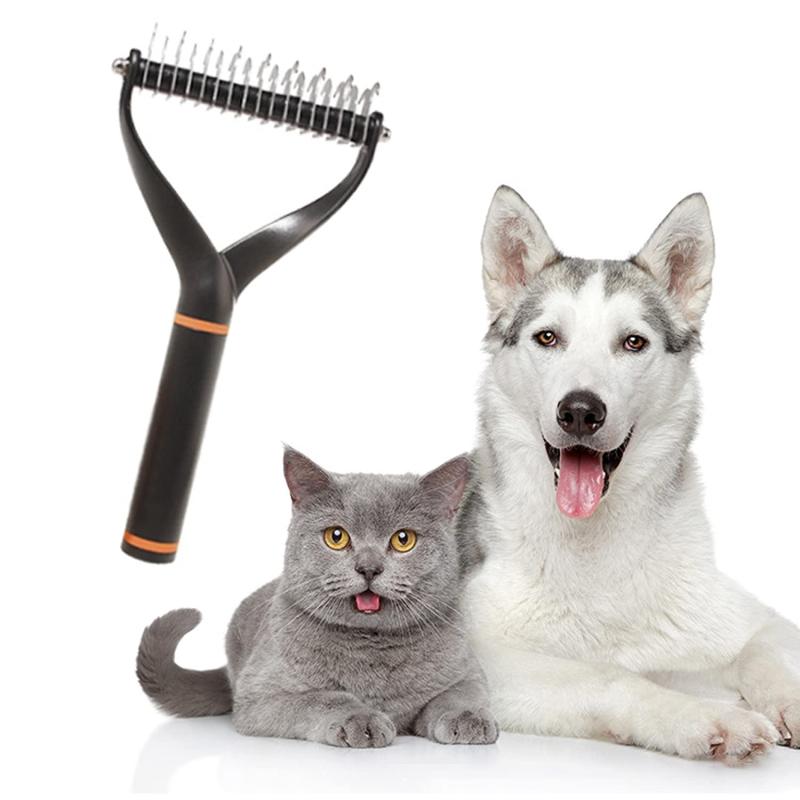 犬/猫 毛玉取り ペットコーム 美容 毛玉&amp;ムダ毛取りコーム ステンレス 犬/猫ブラシ 抜け毛 厚い髪結び除去 犬用 猫用 長毛短毛兼用 (両面)安全歯：ヘアボールリムーバーの先端は丸く設計されており、湾曲した傷防止両面ブレードデザ...