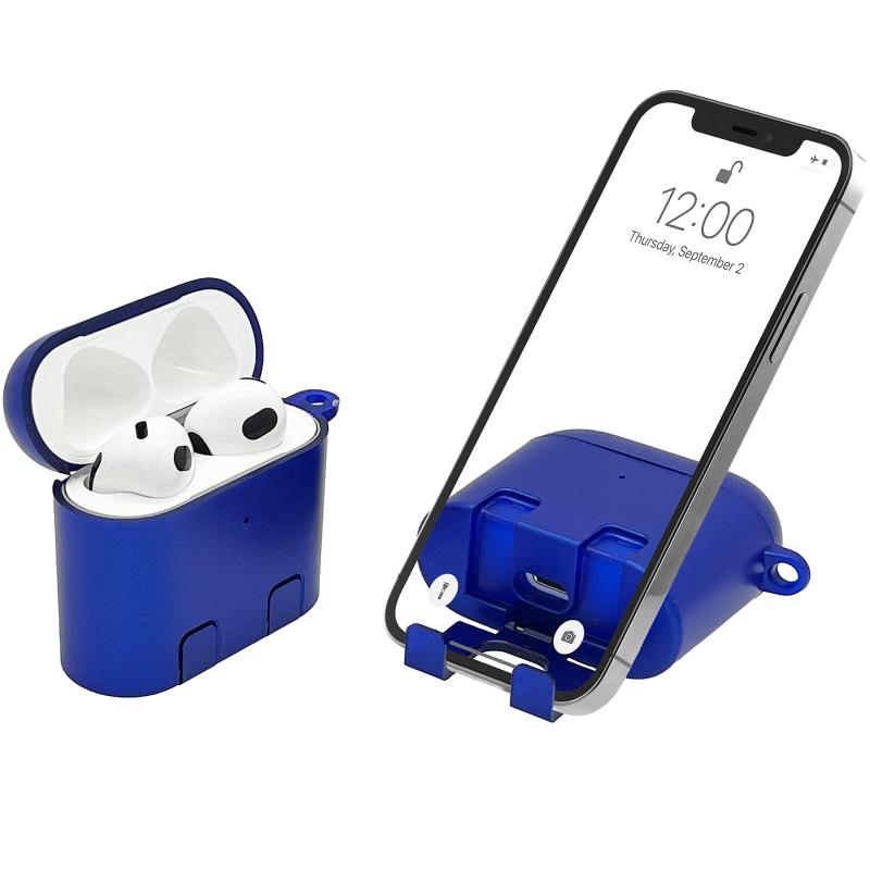 2022年AirStandAirPods 3用ケース 携帯電話スタンド付きのAirPodsケース 全面保護カバー 耐衝撃 ワイヤレス充電対応 カラビナ・キーチェーン付き AirPods3代 に対応 (サファイア)