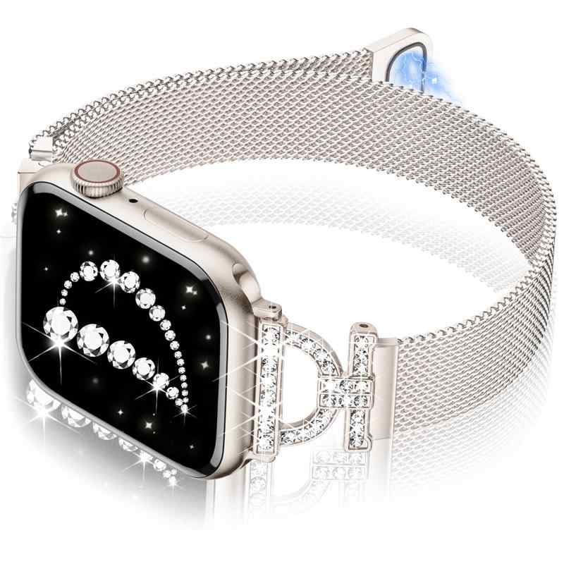 [Mazuboho]コンパチブル Apple Watch バンド 49mm 45mm 44mm 42mm 41mm 40mm 38mm アップルウォッチバンド ステンレス留め金製 ダイヤモンドを散りばめたD字型バックル マグネットクラスプ ...