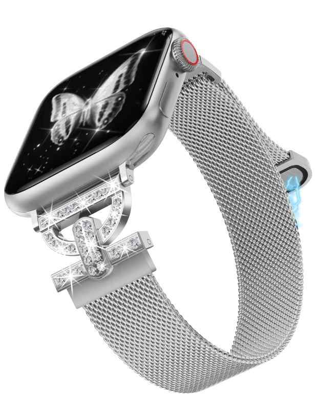 コンパチブル Apple Watch バンド/アップルウォッチバンド, キラキラDバックル ステンレス磁石マグネットあっぷるうぉっち交換ベルト おしゃれ 可愛い レデース女性専用メタルストラッエレガントなデザインメッシュ仕様のステンレスバン...