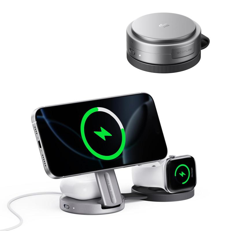 Qi2.2 EcoFlow RAPID Mag 3-in-1 ワイヤレス充電ステーション（折りたたみ式）超コンパクト/急速充電/iPhone＆ AirPods &amp; Apple Watch対応/Mag Safe対応/一台三役/持ち運び...
