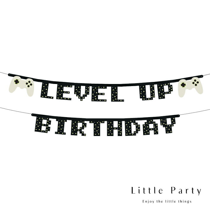 商品説明内容&nbsp; サイズ：約2.5m 商品説明黒地にカラフルなプリントで「Level up Birthday」の文字が入ったバナー。他のゲームモチーフの商品と組み合わせて本格的なバースデーデコレーションに。※ご自身で紐を通して完成さ...