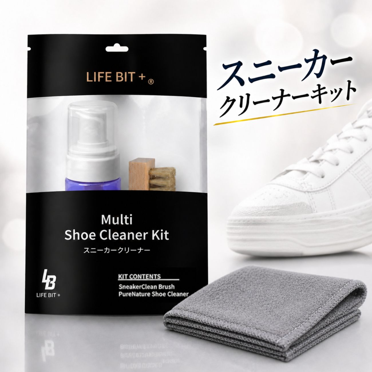 商品情報製品説明水を使わず、泡でサッと拭くだけ。新品のような輝きと清潔感を、毎日のスニーカーに。LIFEBIT+ 濃密プレミアフォーム スニーカークリーナーは、天然由来成分を使用した泡タイプのシューズクリーナー。忙しい朝やお出かけ前でも、水...