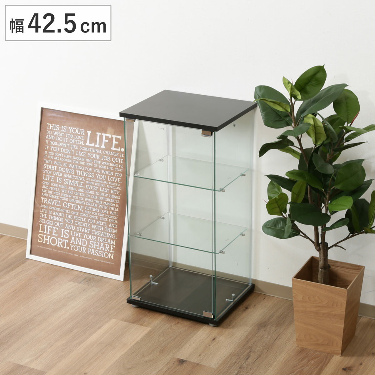 サイズ約 幅42.5×奥行36.5×高さ86（cm）重量約 20kg内容量1台付属品：転倒防止金具材質天板・地板：天然木化粧パーティクルボード、棚板・側板・扉板：強化ガラス棚板1枚あたり耐荷重5kg組立状態お客様組立品注意事項※商品ページ内...