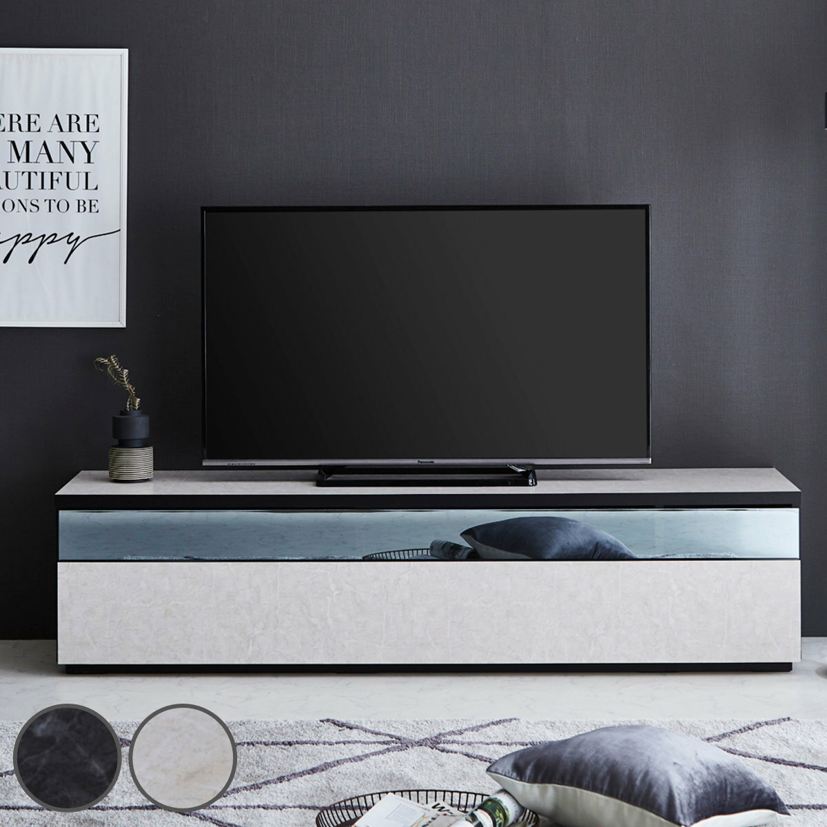 サイズ約 幅180×奥行44.5×高さ44（cm）重量約 42kg内容量1台材質プリント化粧合板種類ブラック、ホワイト生産国日本製引き出し1段あたり耐荷重8kg天板耐荷重40kg適応テレビサイズ60型〜80V型組立状態完成品お届け梱包数1個...