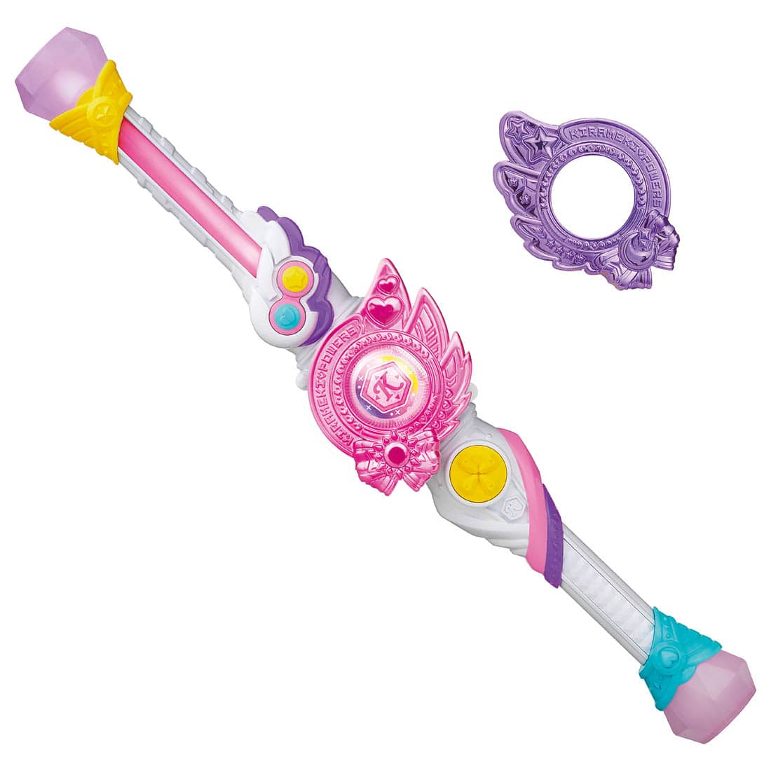 キラリ、ユヅキの決め技遊びが楽しめるアイテム！ キラパワバトンを振って！回して！ いろいろな決め技アクションを楽しもう！中央のボールパーツを回転させることで技のモードを選択することができるよ！「ビッ友ダンス」の音楽が収録されているので、音楽...