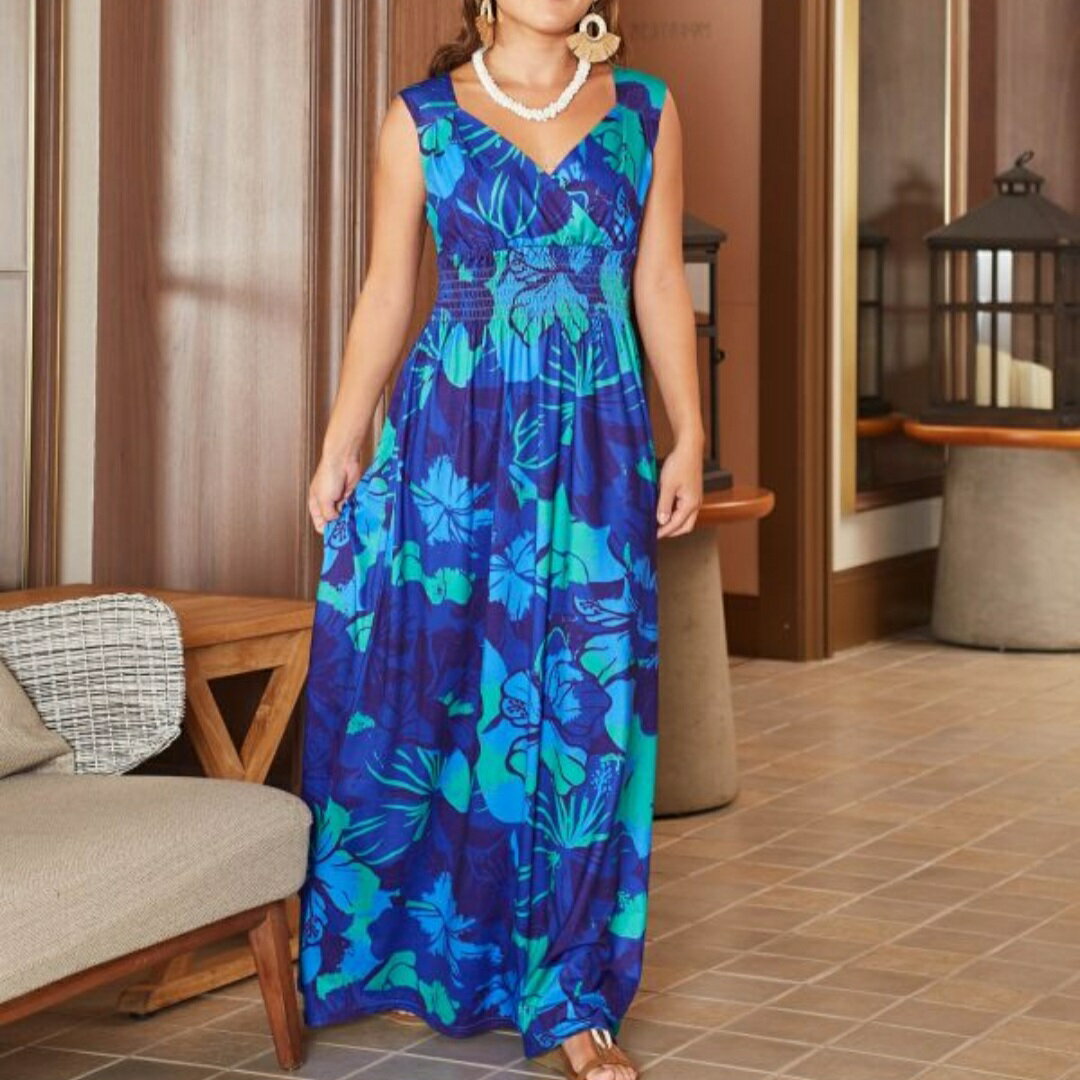 【プアアロアロノースリ ドレス】　ハワイアンドレス ドレス フラダンス 衣装 ロングワンピース ブルー ファッション　ハワイ ハワイアン ハワイアンドレス ドレス フラダンス 衣装 フラガール ロングワンピース BLUE ブルー ノースリー...