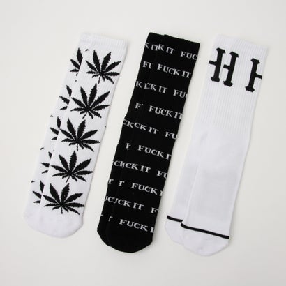 HUFより「バラエティ ソックス　3パック」です。VARIETY SOCKS 3PACK はコットン、ポリエステル、スパンデックス混紡クールソックスです。HUF　PLANTLIFE、FUCK IT &amp; CLASSIC Hの3足になっ...