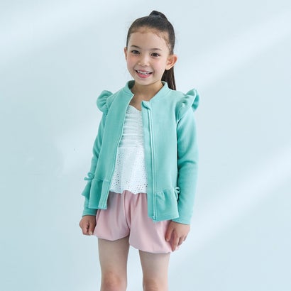 ■デザイン・UVカットのフルジップラッシュガード、チュニック丈で日よけに◎・肩のフリルと裾フリルでフェミニンなアクセント・ポコポコとした凹凸感のある生地で適度なハリ感と軽さを両立・フロントジップで脱ぎ着がスムーズ※モデル着用写真より商品写真...