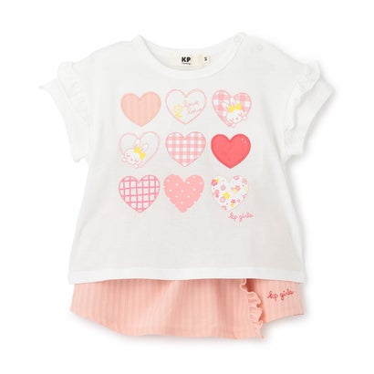 ハート×mimiちゃんモチーフのプリントTシャツと、ラップキュロットのセット。Tシャツは、吸水加工を施し、汗をかいても乾きやすく、お洗濯しやすいのもポイント。キュロットは、涼し気なサッカー素材を使用、ウエスト総ゴムで穿きやすい仕様。セットで...