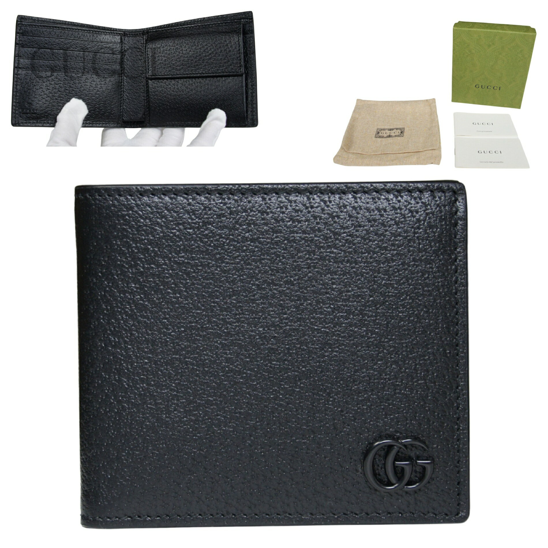 【商品紹介】 GUCCIの人気ライン「GGマーモント」の二つ折り財布。ブラックレザーとGGロゴ、ブラック金具を組み合わせたシックなデザインが高級感を演出する人気アイテムです。コンパクトながら収納力にも優れており、日常使いしやすい実用性も魅力...