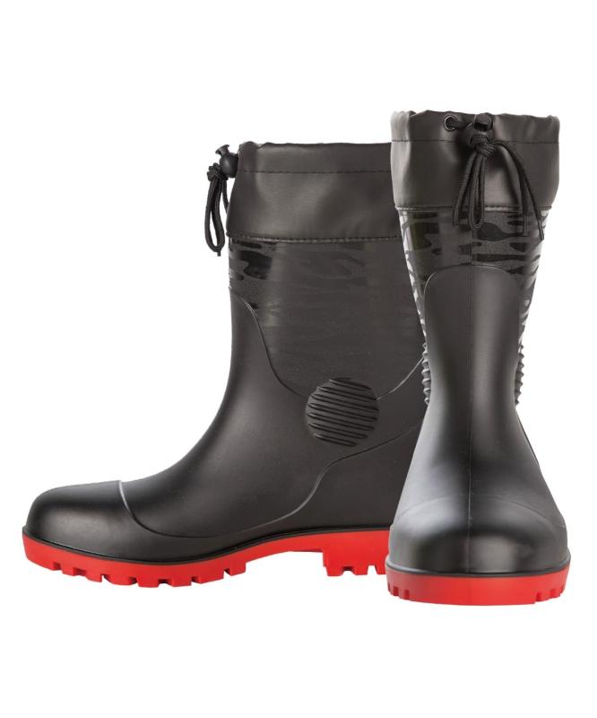 ユニワールド 迷彩安全ゴム長靴 ブラック LL SZ-630-BK-LL●履き口からのゴミの侵入を防ぐフード付きです。●つま先には、鋼鉄先芯入りです。