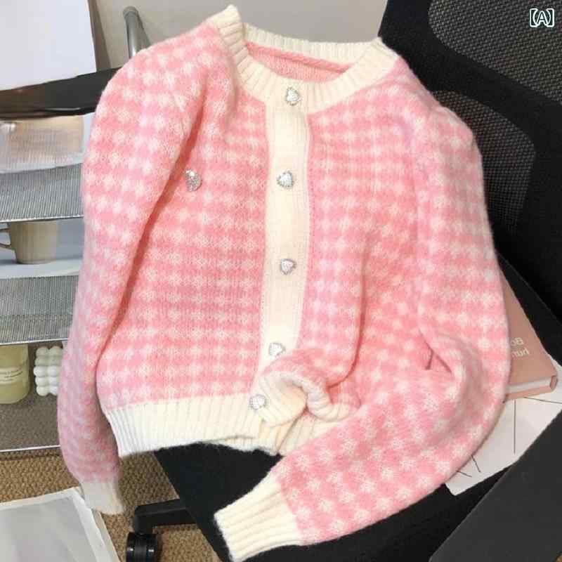 2個セットカーディガン 秋冬 レディース 丸首 ショート 千鳥格子 ハート ニット ウール 普段使い 保温性 トップス・カテゴリ: 毛衣・スタイル: 休闲风・主な素材: ポリエステル30-50%.アクリル30-50%・ネックライン: 丸首・...