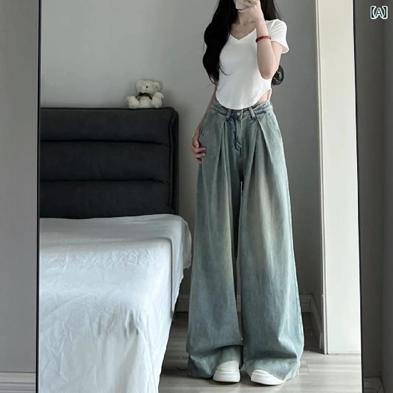レトロ ワイド ジーンズの レディース 夏 2025年と 秋型の ハイウエストは ゆったりしていて やせている ストレートな 感じが します。商品番号: -生地名: デニム主な生地構成: ポリエステル（ポリエステル繊維）主な生地構成 2: ...