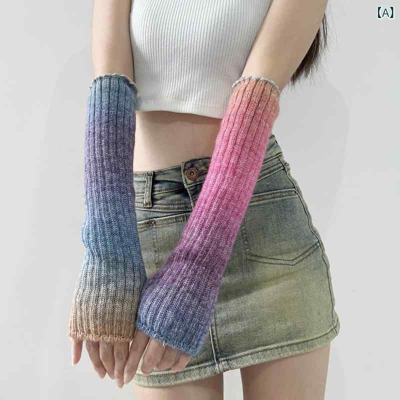 2個セットアームウォーマー レディース ウール 毛糸編み ポンポン 半指 グラデーション 虹色 厚手 保温 室内用 普段使い ウィンター