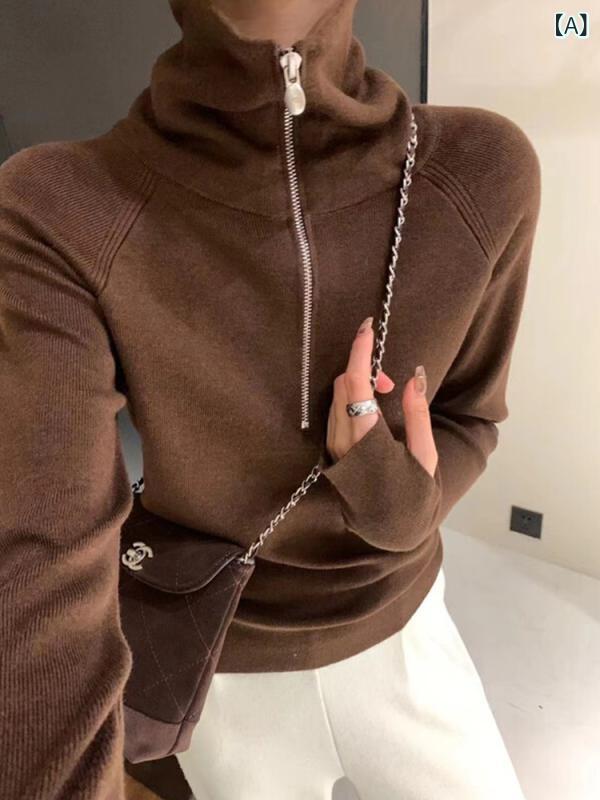 レディース ニットセーター ハイネック 半ファスナー 感 スリムフィット ブラウン 長袖 インナー 冬 ウール素材 伸縮性 ブラウン系・カテゴリ: セーター・スタイル: 大人風・主な素材: ポリエステル80-90%・厚さ: 中肉・ネックライ...