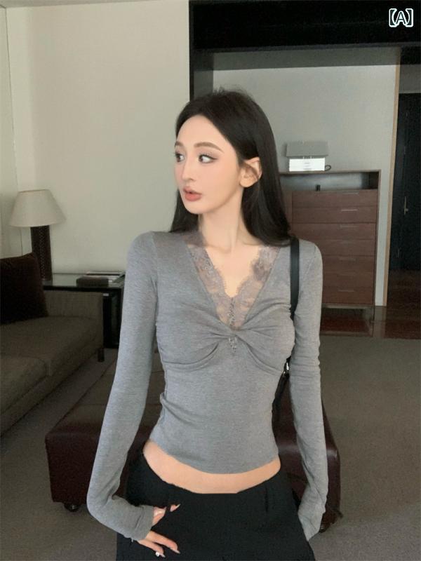 シャツ レディース レース 切り替え セクシー Vネック スリムフィット 細見え 長袖 インナー 春 普段使い 高級感 かわいい 伸縮性・カテゴリ: Tシャツ・主な素材: 綿・主な素材含有量: 30%以上50%未満・柄: 無地・スタイル: ...