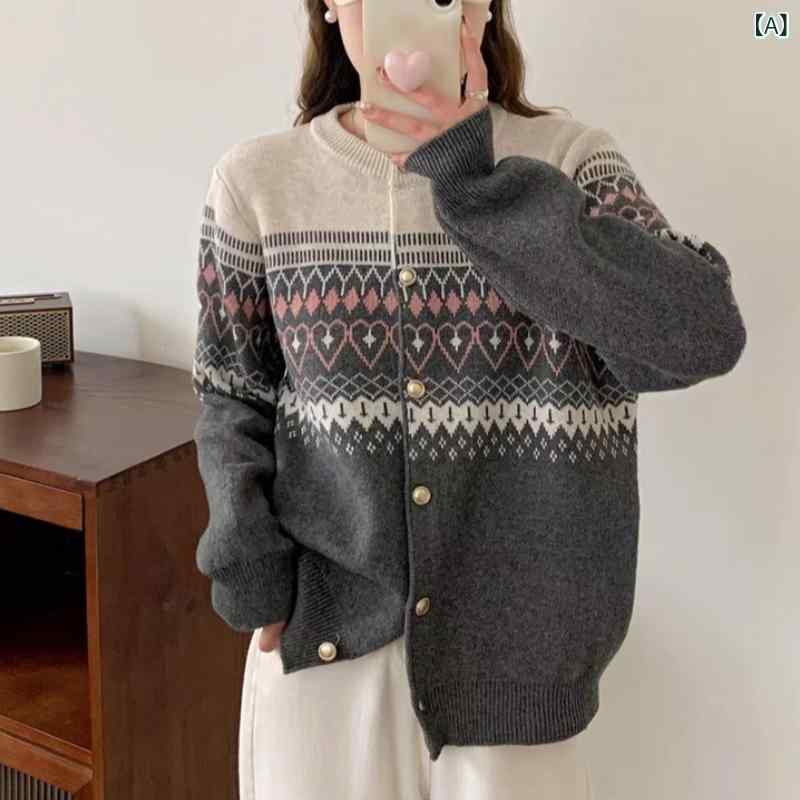 2個セットニットカーディガン レディース 秋冬 厚手 ゆったり ラウンドネック ジャカード コントラスト レトロ セーター ウール ハイネック 接触冷感 吸湿速乾 ライトグレー ブラウン ブラック・カテゴリ: 毛衣・スタイル: 復古風・主な...