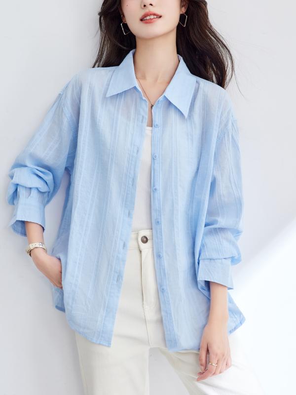 シャツ レディース 長袖 ストライプ ビッグシルエット カジュアル コットン スカイブルー 吸湿速乾 秋冬・カテゴリ: シャツ・・主な素材: 綿95%以上・ネックライン: ポロ・袖丈: 長袖・柄: 無地・カラー展開: ライトブルー, ホワイ...