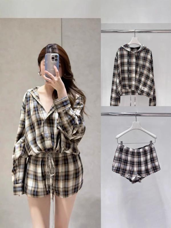トップス ショートパンツ セット レディース チェック柄 フード付き フィット 長袖 日焼け防止 薄手 軽量 伸縮性 接触冷感 綿 夏・カテゴリ: シャツ・スタイル: カジュアル・主な素材: 綿50%-70%.再生セルロース繊維30%-50...