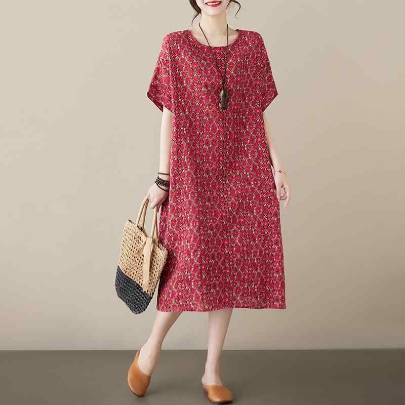 ワンピース レディース 夏 フィット 大きめ サイズ カジュアル フレアスカート ビッグシルエット 吸湿速乾 普段使い コットン リネン レトロ 赤 ラッキーモチーフ・カテゴリ: スカート・スタイル: 復古風・主な素材: リネン30%-50...