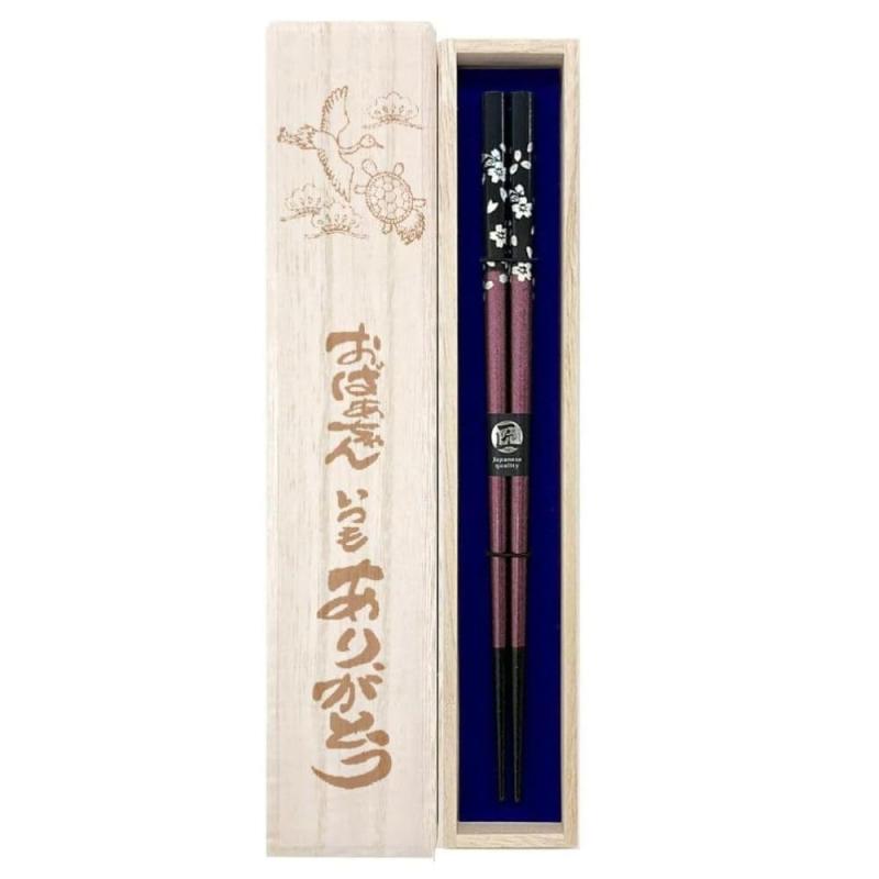 箸 銀【食洗 銀桜花（紫）】 デザイン桐箱・ラッピング付き 食洗機対応 おばあちゃん ばあちゃん ばあば 祖母 プレゼント ギフト 贈り物 初任給 誕生日 敬老の日 敬老 長寿祝い 長寿 古希 【サイズ】22.5cm【特徴】滑り止め付き、食...